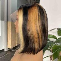 China 9A Grade C Part Bleached Knots Highlight Blunt Cut Bob Wig Lace Frontal 12 Inches 180% Density for sale