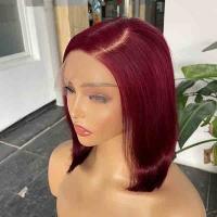 China 9A Indian C Part Bleached Knots Burgundy Lace Front Human Hair Bob Wig 10 Inches for sale