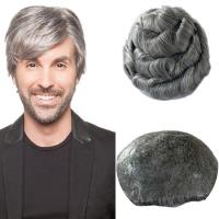 China 100% Human Hair Men Toupee Full PU Thin Skin Straight 6 Inch 50g Grey Remy Hair for sale