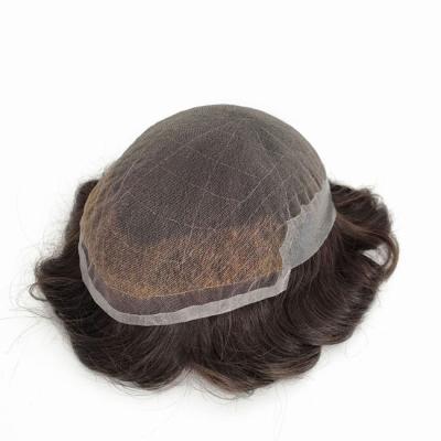 China Q6 PU Skin Swiss Lace Full Lace Toupee Mens Real Looking Wigs 6 Inch 100% Density for sale