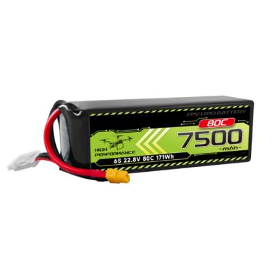 China 80C High Discharge 6S 22.8V 7500mAh Lipo Battery for RC Aircraft Drone for sale