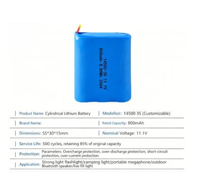 China 11.1V 800mAh 14500 3S Lithium Ion Battery Pack for Flashlights Camping Lights Live Fill Lights for sale
