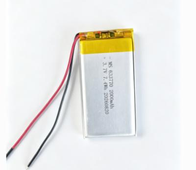 China 633770 3.7V 2000mAh 7.4Wh Rechargeable Lithium Polymer LiPo Battery, Built‑in PCM Protection, Pre‑Soldered Wires for GPS, DIY Portable Electronics for sale