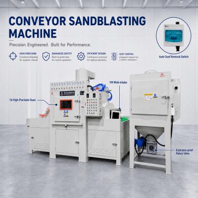 China BAIYAOBLASTER 16 Guns Industrial Automatic Conveyor Sandblasting Machine With Dust Collector and Ash Discharge Safety Valve for sale