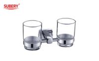 China Brass double tumbler holder glass bathroom high quality chrome color OEM brass base square with curve design for sale