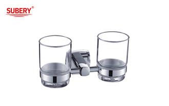 China Brass double tumbler holder glass bathroom high quality chrome color OEM brass base square with curve design for sale