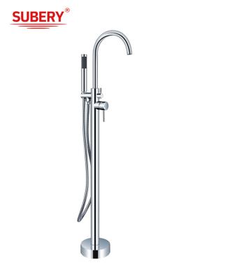 China Chrome Brass Freestanding Bath Tub Faucet OEM Single Lever Floor Mounted With Diverter for sale
