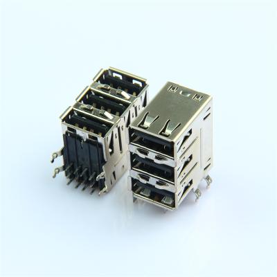 China USB2.0 Type A Female Connector, 3 Layer Stacked 90° Horizontal DIP Through Hole Shielded Socket, PCB Mount 3-Port Receptacle for sale