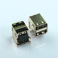 China USB2.0 Type A Female Connector, Double Layer Stacked 90° Horizontal DIP Bent Pin Rolled Edge Black Insulator Shielded Socket, PCB Through Hole Receptacle for sale