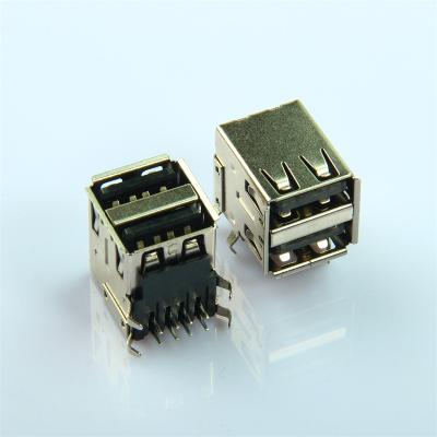 China USB2.0 Type A Female Connector, Double Layer Stacked 90° Horizontal DIP Bent Pin Rolled Edge Black Insulator Shielded Socket, PCB Through Hole Receptacle for sale
