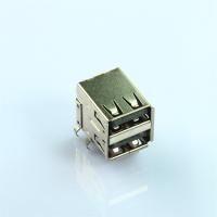 China USB2.0 Type A Female Connector, Double Layer Stacked 90° Horizontal DIP Bent Pin Rolled Edge Black Insulator Shielded Socket, PCB Through Hole Receptacle for sale