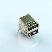 China USB2.0 Type A Female Connector, Double Layer Stacked 90° Horizontal DIP Bent Pin Rolled Edge Black Insulator Shielded Socket, PCB Through Hole Receptacle for sale