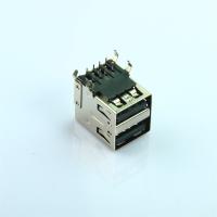 China USB2.0 Type A Female Connector, Double Layer Stacked 90° Horizontal DIP Bent Pin Rolled Edge Black Insulator Shielded Socket, PCB Through Hole Receptacle for sale