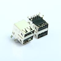 China USB2.0 Type A Female Connector, Double Layer Stacked 90° Horizontal DIP Bent Pin Rolled Edge Stainless Steel Shielded Socket, 480Mbps PCB Through Hole Receptacle for sale