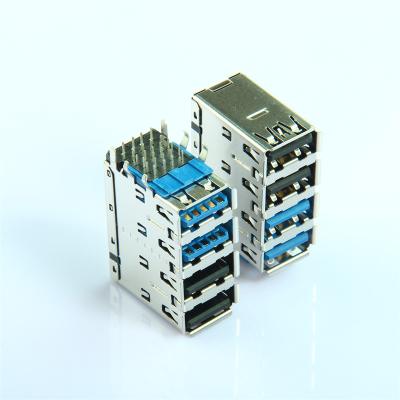 China USB3.0 + USB2.0 Combo Type A Female Connector, 90° Horizontal DIP Integrated Stainless Steel Shielded Stacked Socket, 5Gbps & 480Mbps PCB Through Hole Receptacle for sale