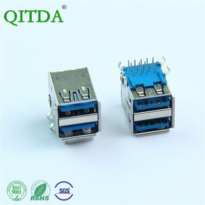 China USB3.0 Type A Female Connector, Double Layer Stacked 90° Horizontal DIP Bent Pin Rolled Edge Shielded Socket, 5Gbps Through Hole PCB Receptacle for sale