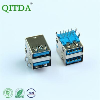 China USB3.0 Type A Female Connector, Double Layer Stacked 90° Horizontal DIP Bent Pin Straight Edge Shielded Socket, 5Gbps PCB Through Hole Receptacle for sale
