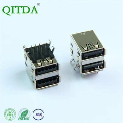 China USB3.0 Type A Female Connector, Double Layer Stacked 90° Horizontal DIP Bent Pin Rolled Edge Shielded Socket, 5Gbps Through Hole PCB Receptacle for sale