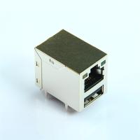 China Stacked Combo RJ45 + Single USB2.0 Female Connector, Shielded Ethernet Jack with Integrated Transformer Filter & Link Activity Dual LED, DIP PCB Combined Network USB Port Socket for sale
