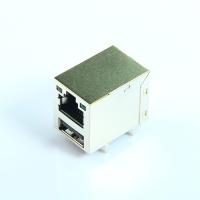 China Stacked Combo RJ45 + Single USB2.0 Female Connector, Shielded Ethernet Jack with Integrated Transformer Filter & Link Activity Dual LED, DIP PCB Combined Network USB Port Socket for sale