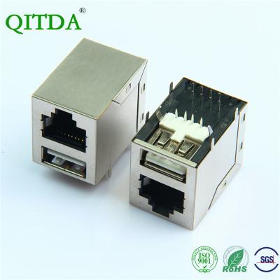 China Single Layer Combo RJ45 + USB2.0 Female Integrated Connector, No LED Gigabit 1000Mbps Shielded Ethernet Jack with Built-in Transformer Filter, DIP PCB Combined Network USB Socket for sale