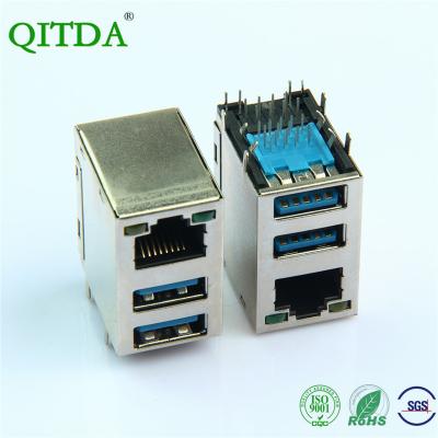 China Horizontal Stacked Combo RJ45 + Dual USB3.0 Female DIP Connector,  Shielded Ethernet Jack with Integrated Transformer Filter & Link Activity Dual LED, PCB Combined Network USB Socket for sale