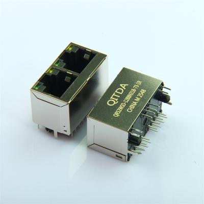China Vertical 180° Straight Through Hole Dual Port 8P8C RJ45 Female DIP Connector, Integrated Gigabit/Fast Ethernet Transformer Filter, EMI Metal Shielded With Dual Link Activity LED 2-Port Ethernet PCB for sale