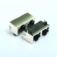 China Horizontal 90° Dual Port 8P8C RJ45 Female Connector, No LED Gigabit Shielded Ethernet Jack with Integrated Transformer Filter, Flat 3U Gold Plated Pin DIP PCB Twin Network Socket for sale
