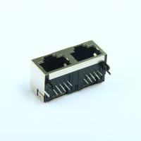 China Horizontal 90° Dual Port 8P8C RJ45 Female Connector, No LED Gigabit Shielded Ethernet Jack with Integrated Transformer Filter, Flat 3U Gold Plated Pin DIP PCB Twin Network Socket for sale