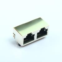 China Horizontal 90° Dual Port 8P8C RJ45 Female Connector, No LED Gigabit Shielded Ethernet Jack with Integrated Transformer Filter, Flat 3U Gold Plated Pin DIP PCB Twin Network Socket for sale