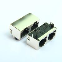 China Horizontal 90° Dual Port 8P8C RJ45 Female Connector, No LED Gigabit Shielded Ethernet Jack with Integrated Transformer Filter, Flat 3U Gold Plated Pin DIP PCB Twin Network Socket for sale