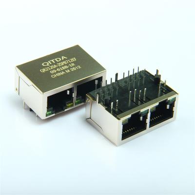 China Horizontal 90° Dual Port 8P8C RJ45 Female Connector , 100Mbps Fast Ethernet Integrated Transformer Filter Magnetics, DIP PCB Twin Network Jack with Per-Port Link Activity Dual LED for sale