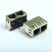 China Horizontal 90° Through Hole Dual Port 8P8C RJ45 Female DIP Connector, Side Ground Spring Shrapnels, EMI Metal Shielded Empty Shell No Transformer With Dual Link Activity LED Per Port Ethernet PCB Jack for sale