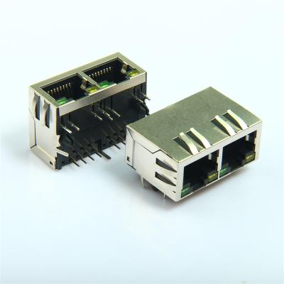 China Horizontal 90° Through Hole Dual Port 8P8C RJ45 Female DIP Connector, Side Ground Spring Shrapnels, EMI Metal Shielded Empty Shell No Transformer With Dual Link Activity LED Per Port Ethernet PCB Jack for sale