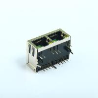 China Horizontal 90° Through Hole Dual Port 8P8C RJ45 Female DIP Connector, Side Ground Spring Shrapnels, EMI Metal Shielded Empty Shell No Transformer With Dual Link Activity LED Per Port Ethernet PCB Jack for sale