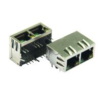 China Horizontal 90° Through Hole Dual Port 8P8C RJ45 Female DIP Connector, Side Ground Spring Shrapnels, EMI Metal Shielded Empty Shell No Transformer With Dual Link Activity LED Per Port Ethernet PCB Jack for sale