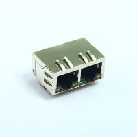 China Horizontal 90° Through Hole Dual Port 8P8C RJ45 Female DIP Connector, Side Ground Spring Shrapnels, EMI Metal Shielded Empty Shell No Transformer With Dual Link Activity LED Per Port Ethernet PCB Jack for sale
