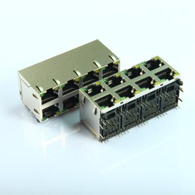 China Horizontal 2×4 Stacked 8-Port 8P8C RJ45 Female DIP Connector, Gigabit Integrated Transformer Filter, Shielded Ethernet Jack with Independent Per-Port Link Activity Dual LED for sale