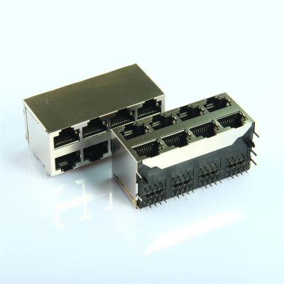 China Horizontal 2×4 Stacked 8-Port 8P8C RJ45 Female DIP Connector, Gigabit Integrated Transformer Filter, Shielded Ethernet Jack Without Link & Activity LED for sale