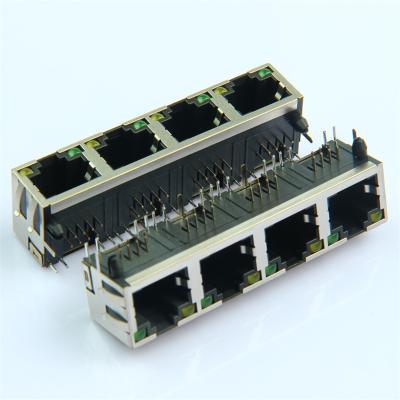 China Horizontal 1×4 Single Row 4-Port 8P8C RJ45 Female DIP Connector, Gigabit Integrated Transformer Filter, Shielded Ethernet Jack with Independent Per-Port Link Activity Dual LED for sale