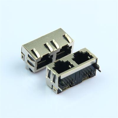 China Horizontal 90° Twin Dual Port 8P8C RJ45 Female DIP Connector, Shielded With Mount Spring Tabs, Gigabit Integrated Transformer Filter, No Link Activity LED Ethernet PCB Jack for sale