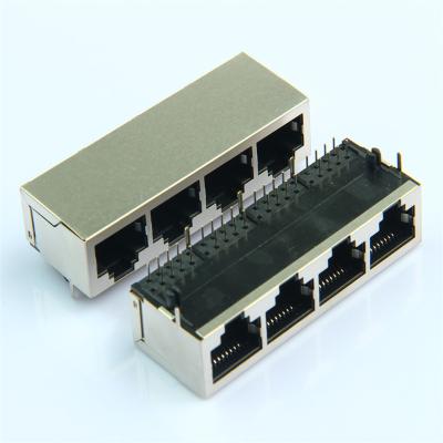 China Horizontal 1×4 Single Row 4-Port 8P8C RJ45 Female DIP Connector, Shielded Empty Shell Ethernet Jack Without Built-in Transformer & LED, PCB 4-Way Network Socket for sale