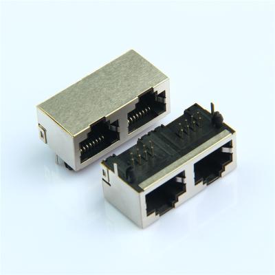 China Horizontal 1×2 Single Row Dual Port 8P8C RJ45 Female DIP Connector, Empty Shielded Ethernet Jack Without Transformer, No Link Activity LED PCB Twin Network Socket for sale