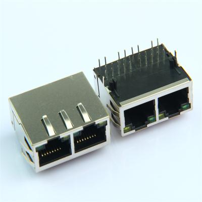 China Horizontal 1×2 Twin Dual Port 10P10C RJ45 Female DIP Connector, Gigabit Integrated Transformer Filter Magnetics, EMI Shielded Ethernet Jack With Independent Per-Port Link Activity Dual LED for sale