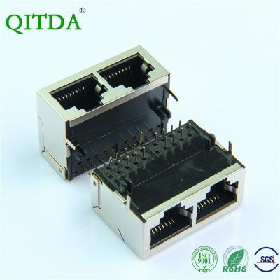 China Horizontal 1×2 Twin Dual Port 8P8C RJ45 Female DIP Connector, EMI Shielded Empty Shell Ethernet Jack Without Built-in Transformer & LED PCB Network Socket for sale