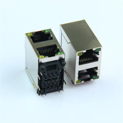 China Horizontal 2-Layer Stacked Twin Dual Port 8P8C RJ45 Female DIP Connector, Gigabit Integrated Transformer Filter, EMI Shielded Ethernet Jack With Independent Per-Port Link Activity Dual LED for sale
