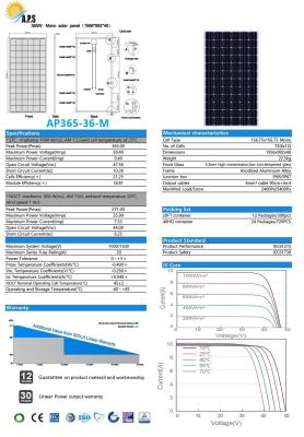 China Monocrystalline Solar Module 36V 72 Cell 375W High Efficiency Photovoltaic Panel for sale
