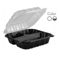China Transparent/ Black Transparent Disposable Food Box Microwave Safe Feature,PP Hinged Lid Clamshell Container,9.2”x9.5”x3” for sale
