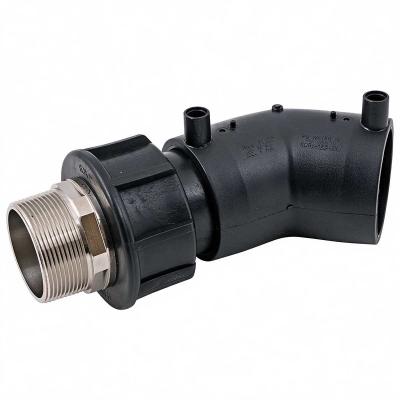 China PE100 45° Electrofusion Transition Elbow | Brass Male BSPT Thread | 4mm Auto Pin | Water PN16 / Gas 10 Bar | Low-Pressure-Drop PE-to-Metal Pipe Adapter for Gas & Water Service Lines DN32-63 for sale