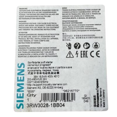 China SIEMENS 3RW3028-1BB04 SIRIUS SOFT STARTER S0 38 A, 18.5 KW/400 V, 40 °C 200-480 V AC, 24 V AC/DC SCREW TERMINALS for sale